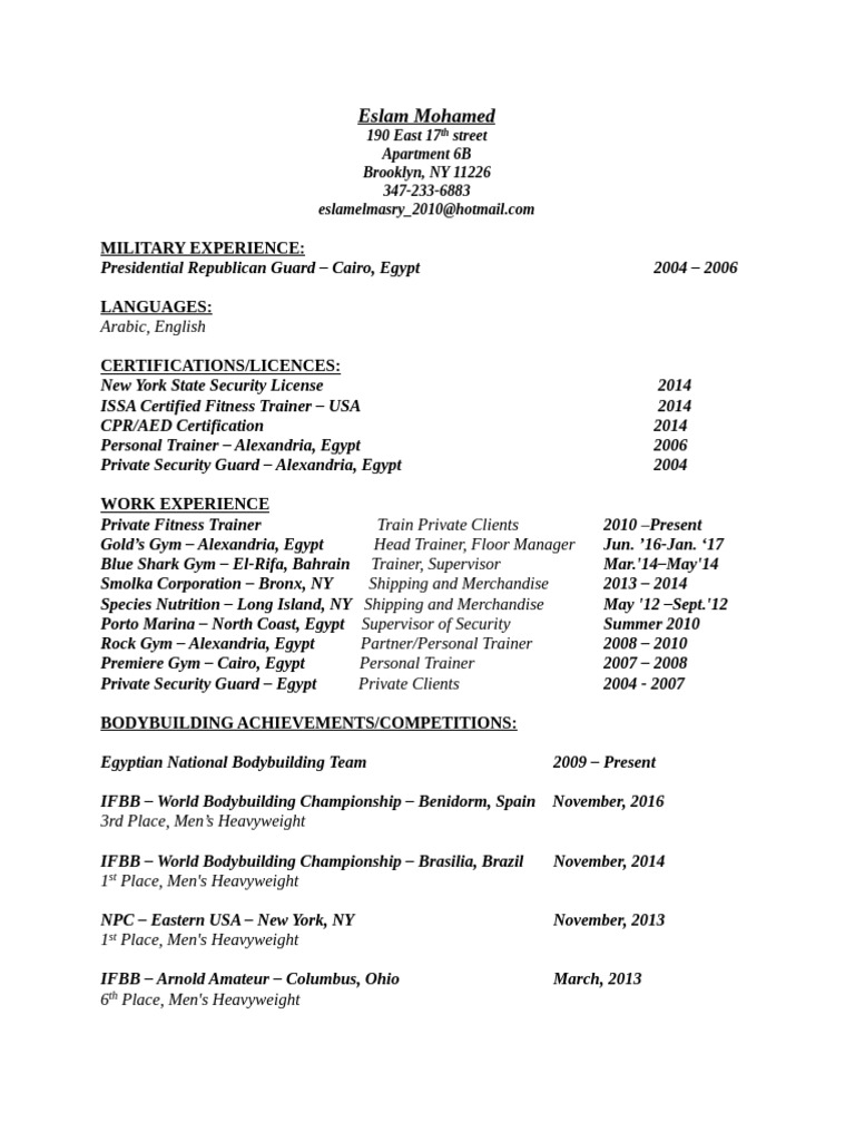 Eslam's Updated Resume | PDF | Personal Trainer | Egypt
