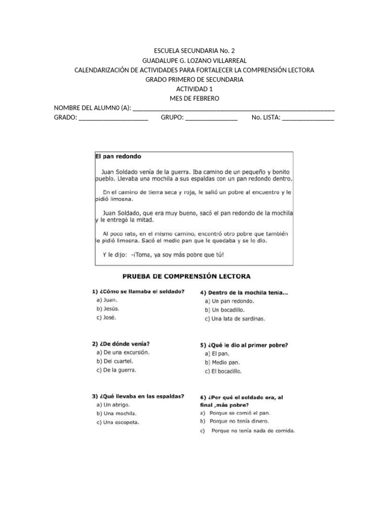 Actividades de Comprensión Lectora de Febrero - Julio | PDF