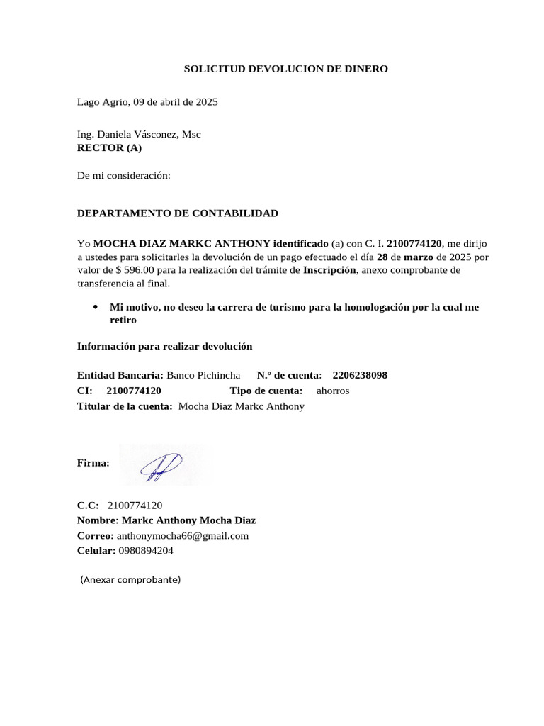 Solicitud Devolucion de Dinero-Markc Mocha | PDF