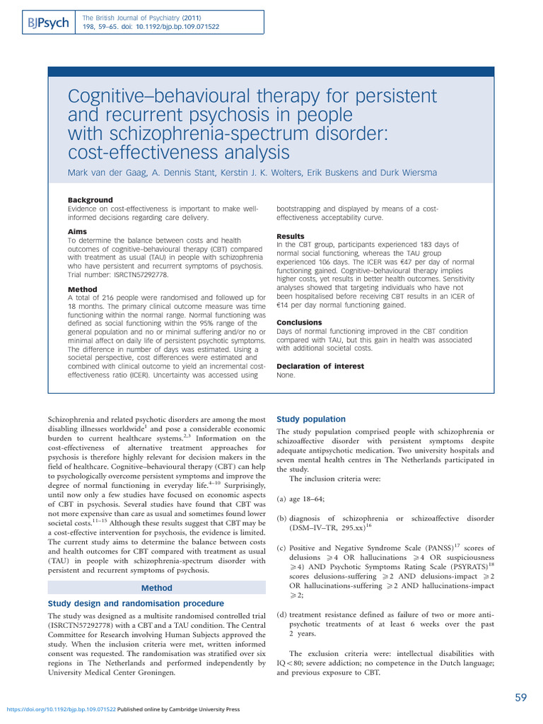 Cognitive-Behavioural Therapy For Persistent and Recurrent Psychosis in ...