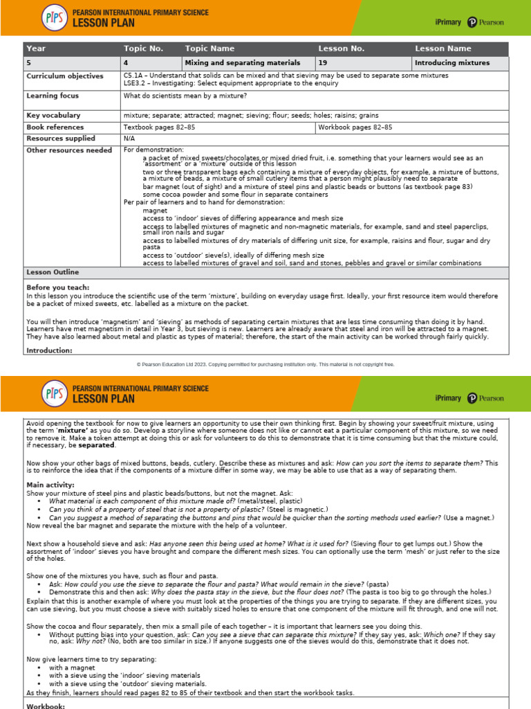 Ip Pips Lesson Plan Year 5 Topic 4 | PDF | Filtration | Textbook