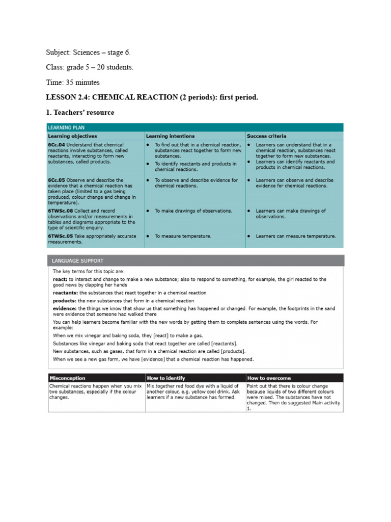 Grade 5 Chemical Reaction Lesson Plan | PDF