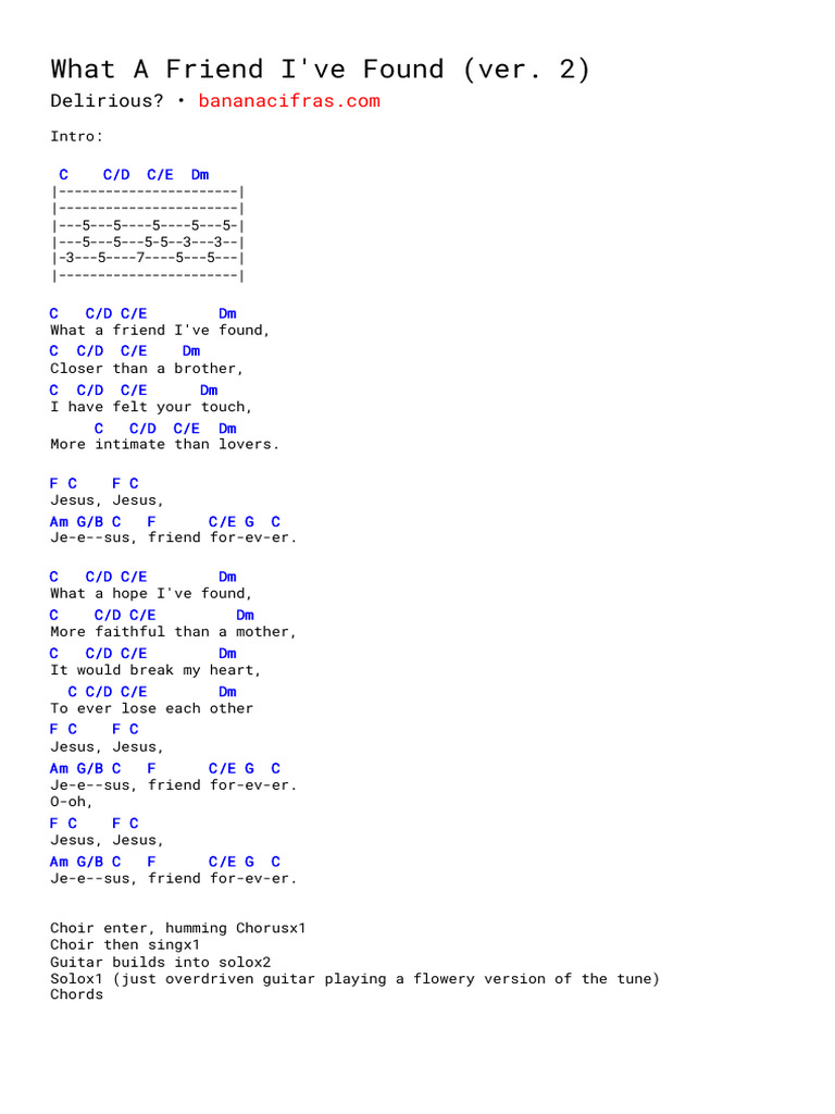 What A Friend I'Ve Found (Ver. 2) CIFRA Delirious | PDF