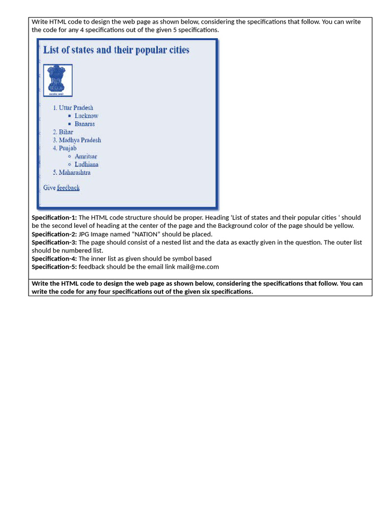 Write HTML Code To Design The Web Page As Shown Below | PDF
