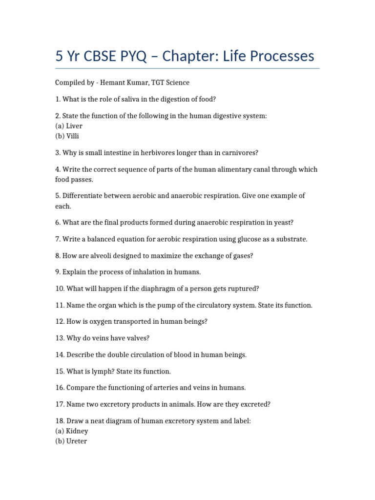 5yr CBSE PYQ Life Processes HemantKumar | PDF