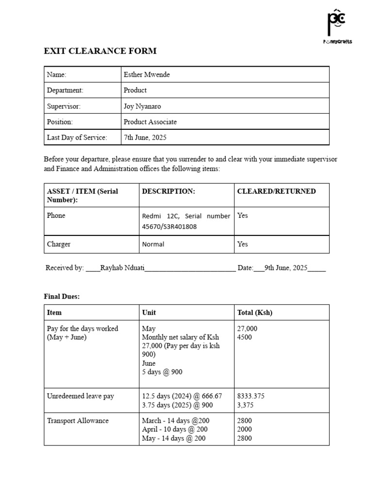 Clearance Form - Esther Mwende Signed | PDF
