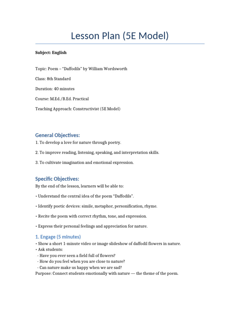 Lesson Plan Daffodils 5E Model | PDF | Poetry | Poetic Devices