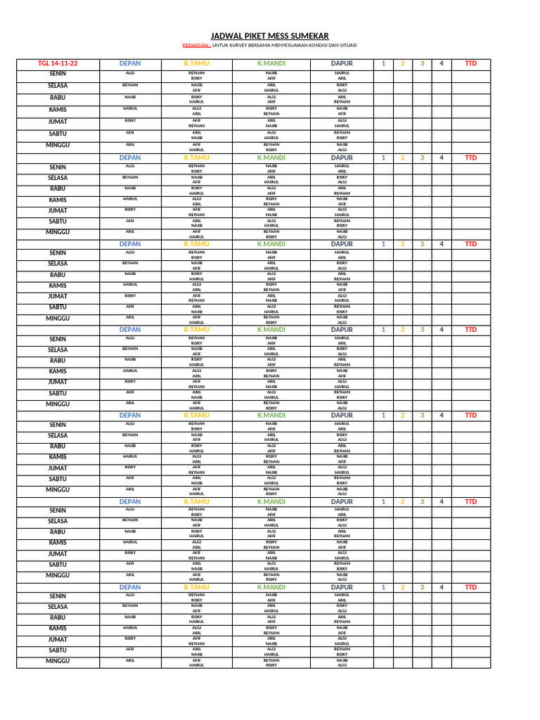 Jadwal Piket Mess Sumekar 2022 | PDF