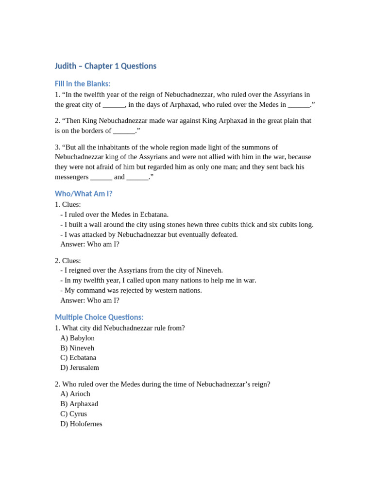 Judith Chapter 1 Quiz and Answers | PDF
