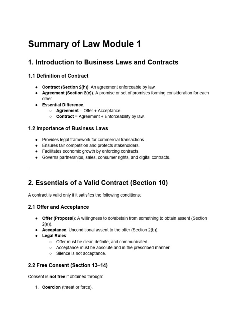 Summary of Law Module 1 | PDF | Offer And Acceptance | Private Law