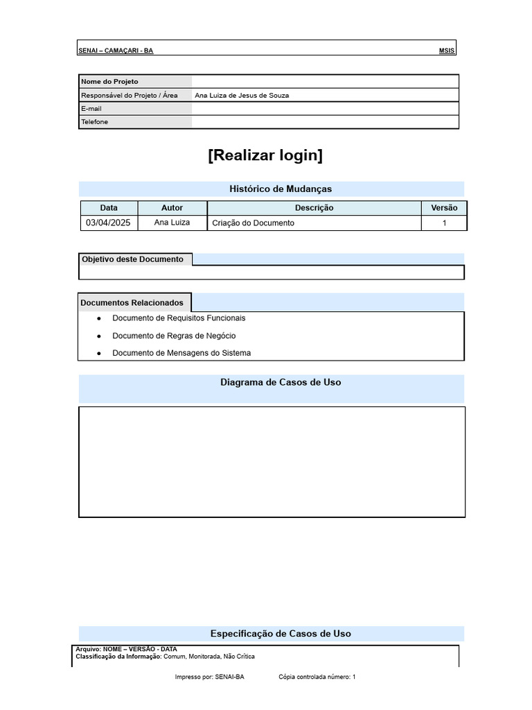 Login no Sistema MSIS SENAI Camaçari | PDF | Diagrama de caso de uso ...