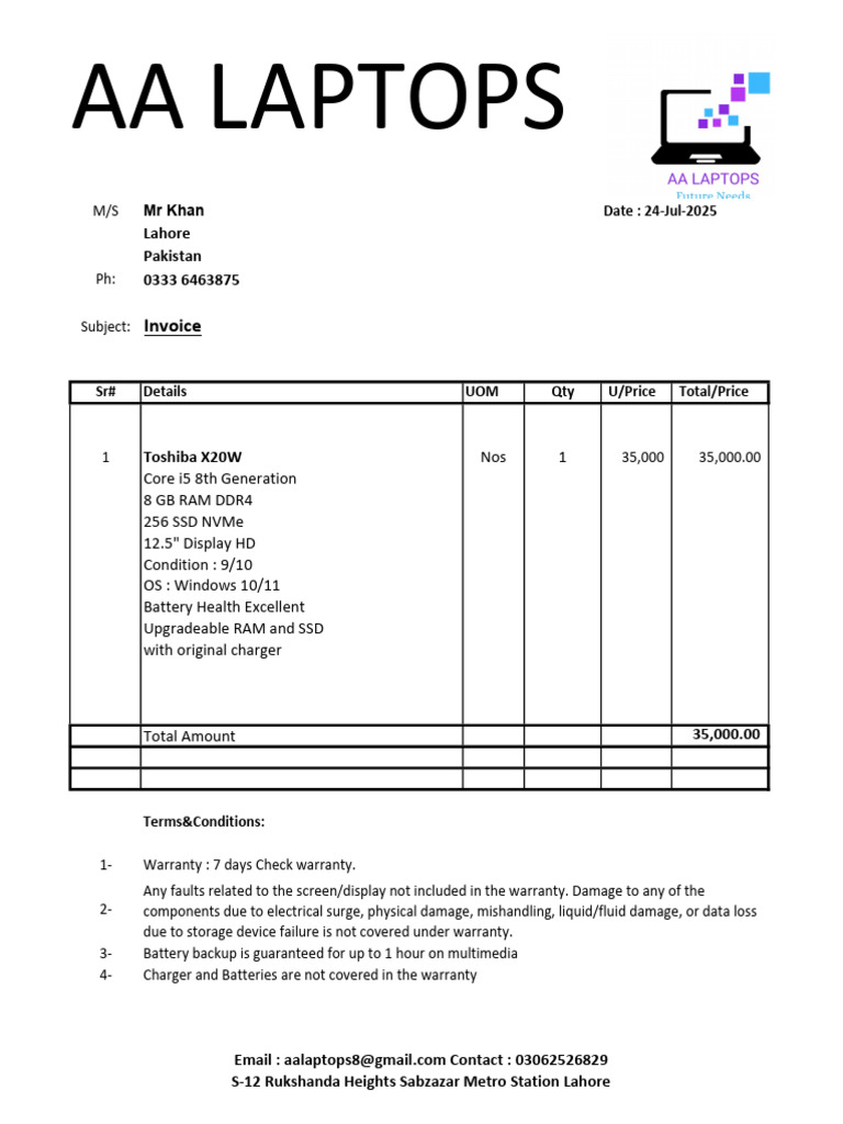 Toshiba X20W Laptop Invoice Details | PDF