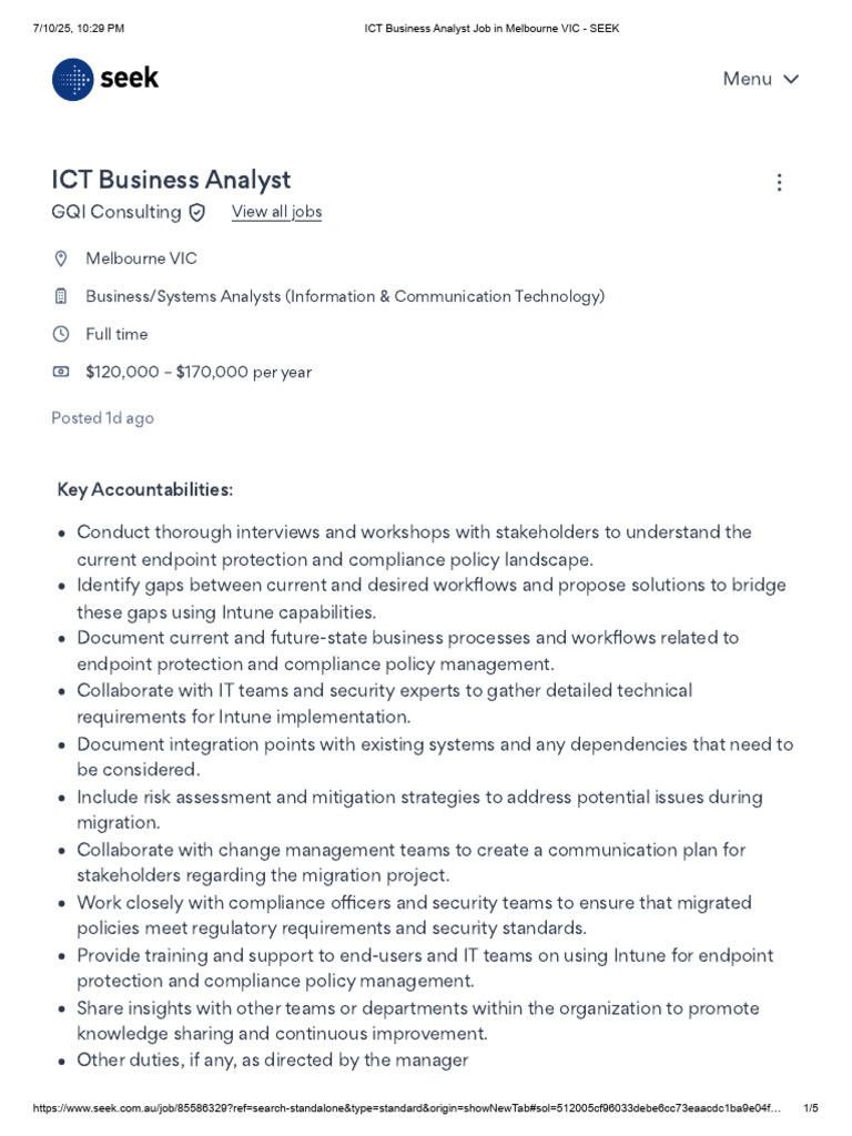 Job 2 - ICT Business Analyst Job in Melbourne VIC - SEEK | PDF ...