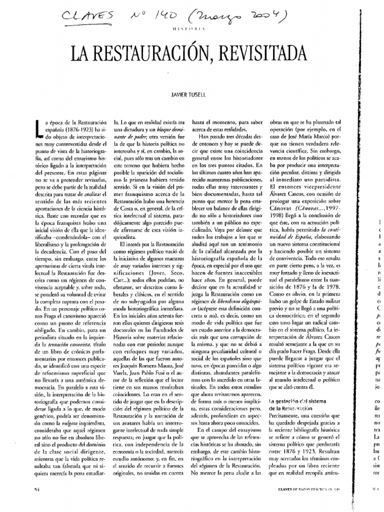 Tussell, La Restauración Revisitada | PDF