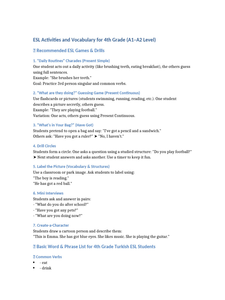ESL Games Vocab 4thgrade | PDF | English As A Second Or Foreign Language