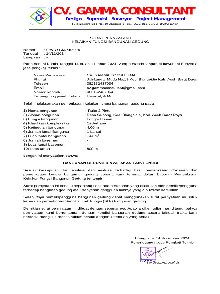 Surat Pernyataan Kelaikan Fungsi Untuk Badan Usaha Konsultan Ferry Yunaldi Mahmud | PDF