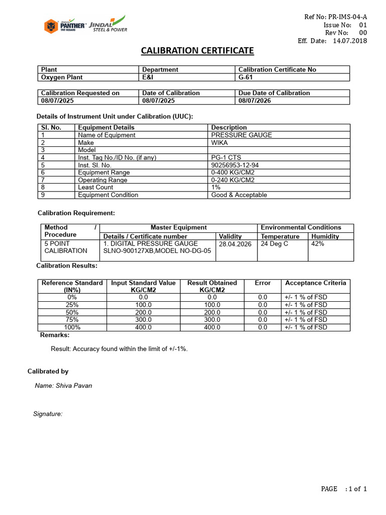 PG-1 CTS Calibration Certificate-G-61 | PDF | Calibration | Accuracy ...