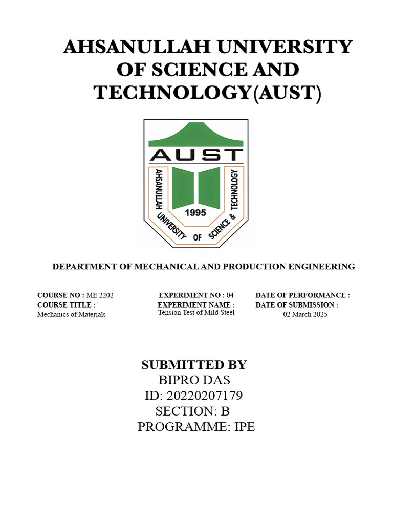 Lab Report 04 - Tension Test of Mild Steel | PDF | Deformation ...