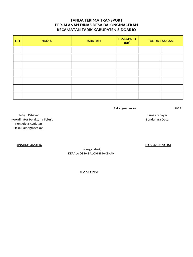 Tanda Terima Transport Desa Balongmacekan | PDF