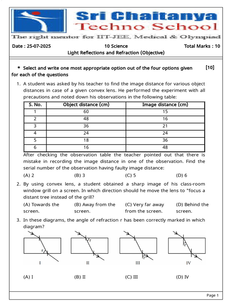 Light Reflections and Refraction (Objective) | PDF | Mirror | Waves