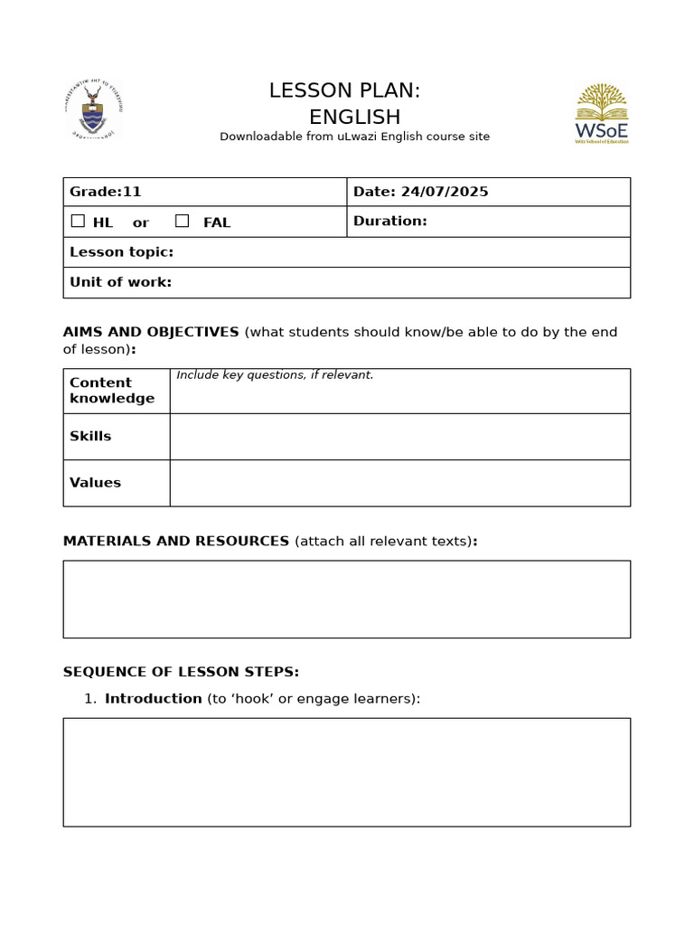 Grade 11 English Lesson Plan Template | PDF
