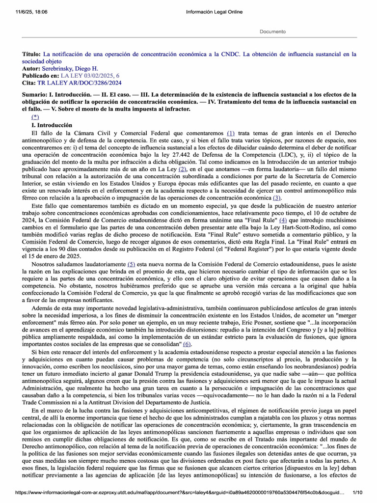 Doctrina 2025 - Notif. Operacion de Concentracion Economica CNDC. Obtencion de Influencia ...