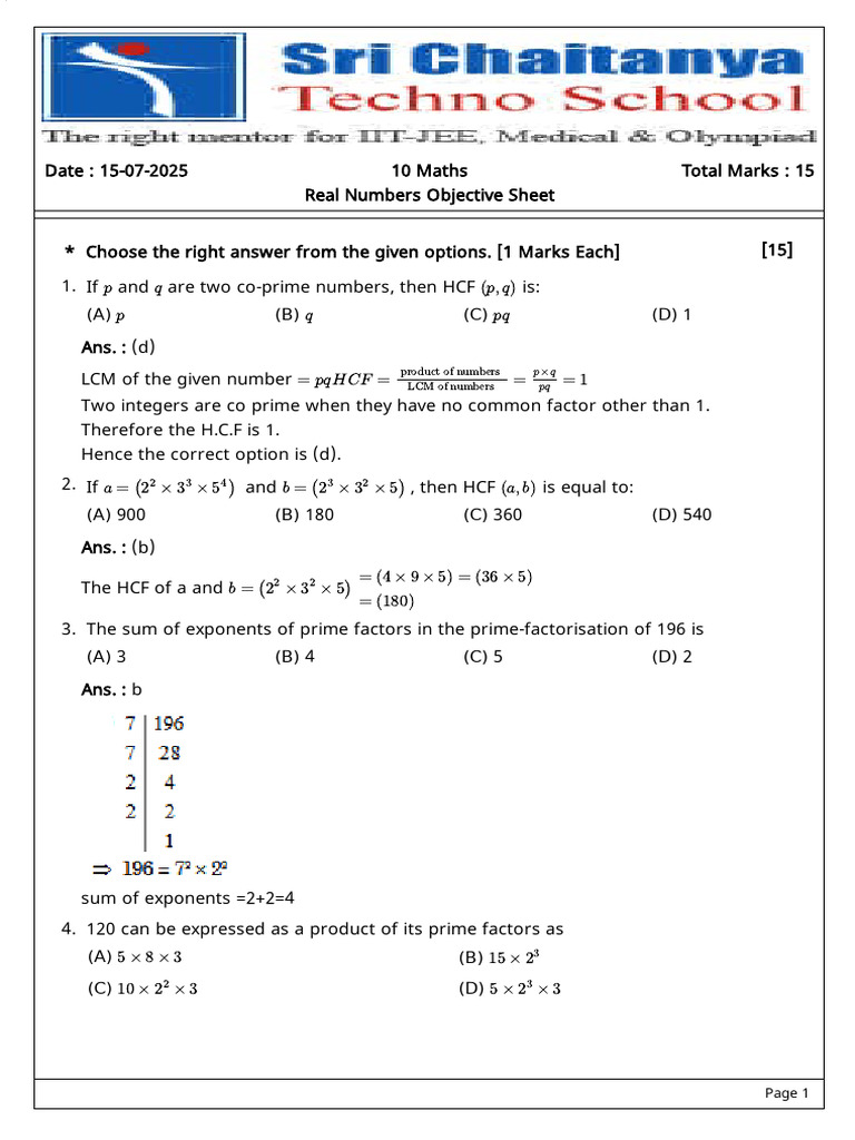 Real Numbers Objective Practice Sheet - Solution | PDF | Numbers ...