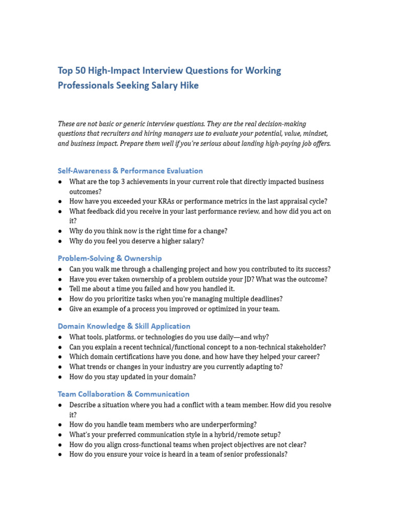 50 IMP Interview Questions | PDF | Performance Appraisal | Social Psychology