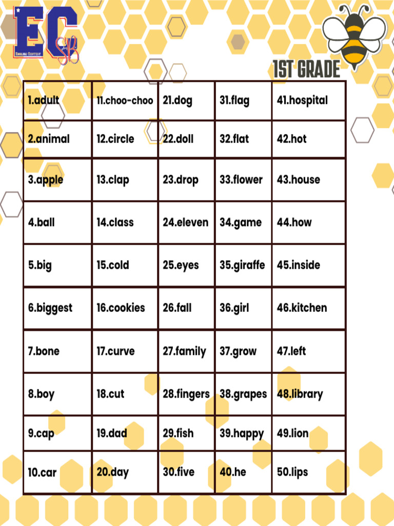 2025 1st Grade Spelling Bee Words | PDF
