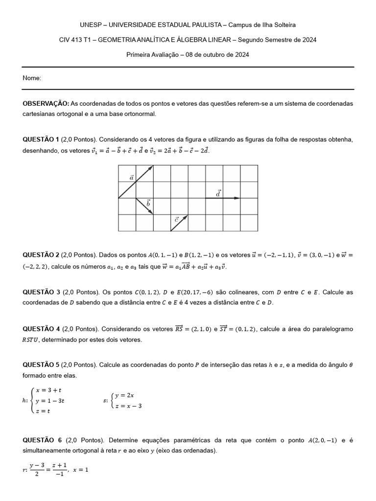 Geom Analit Alg Lin Eng Civ 2024 2 Aval 1 | PDF