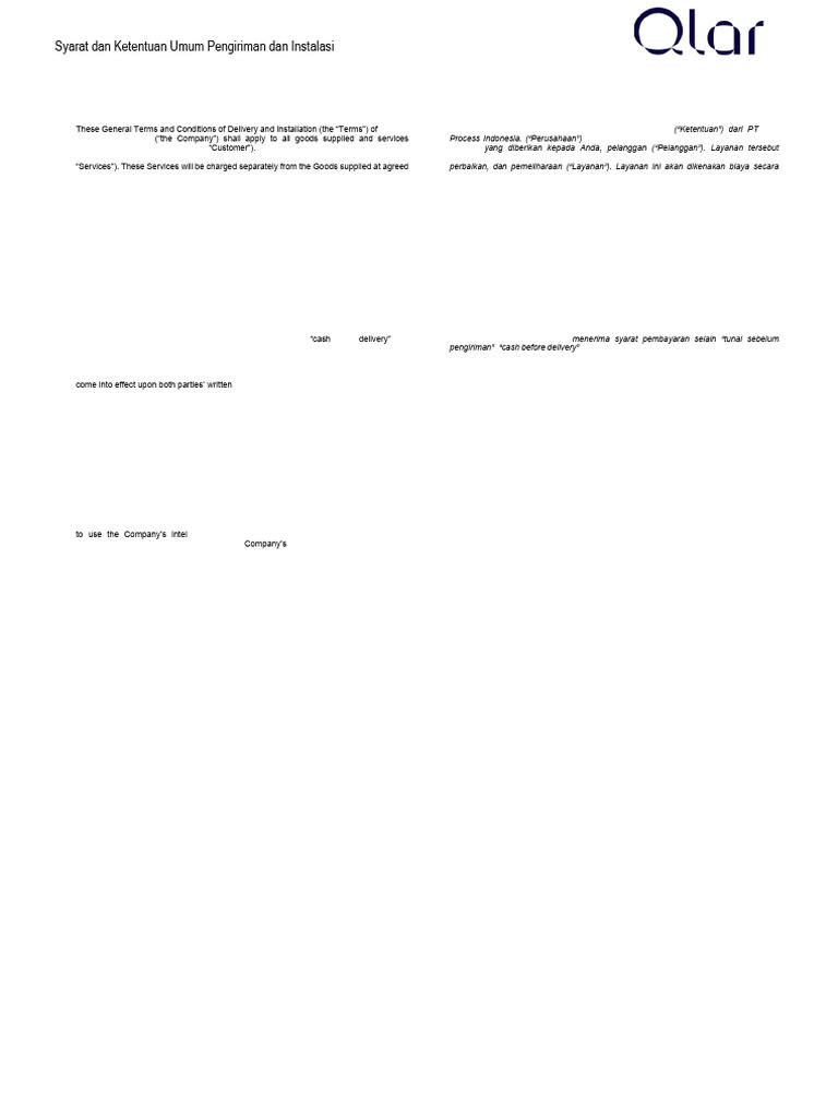 Syarat Pengiriman dan Instalasi PT Qlar | PDF