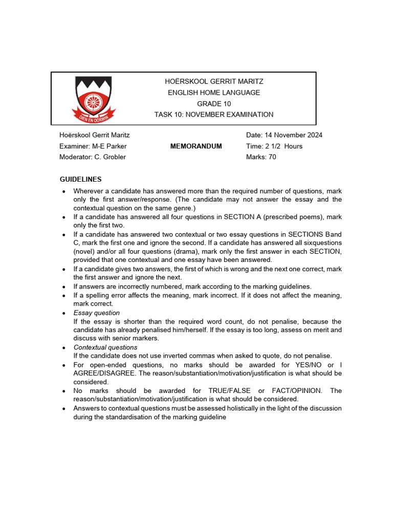 English HL Paper 2 - Practice Test Memo | PDF | Characters In Romeo And ...