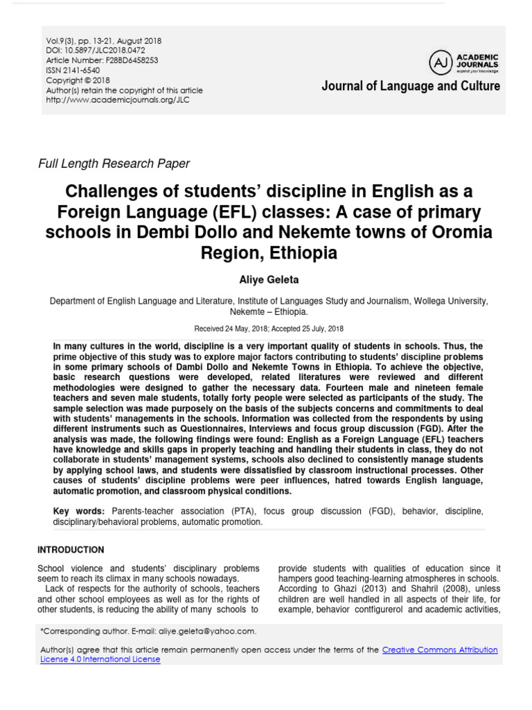 EFL Discipline Challenges in Ethiopian Schools | PDF | Teachers ...