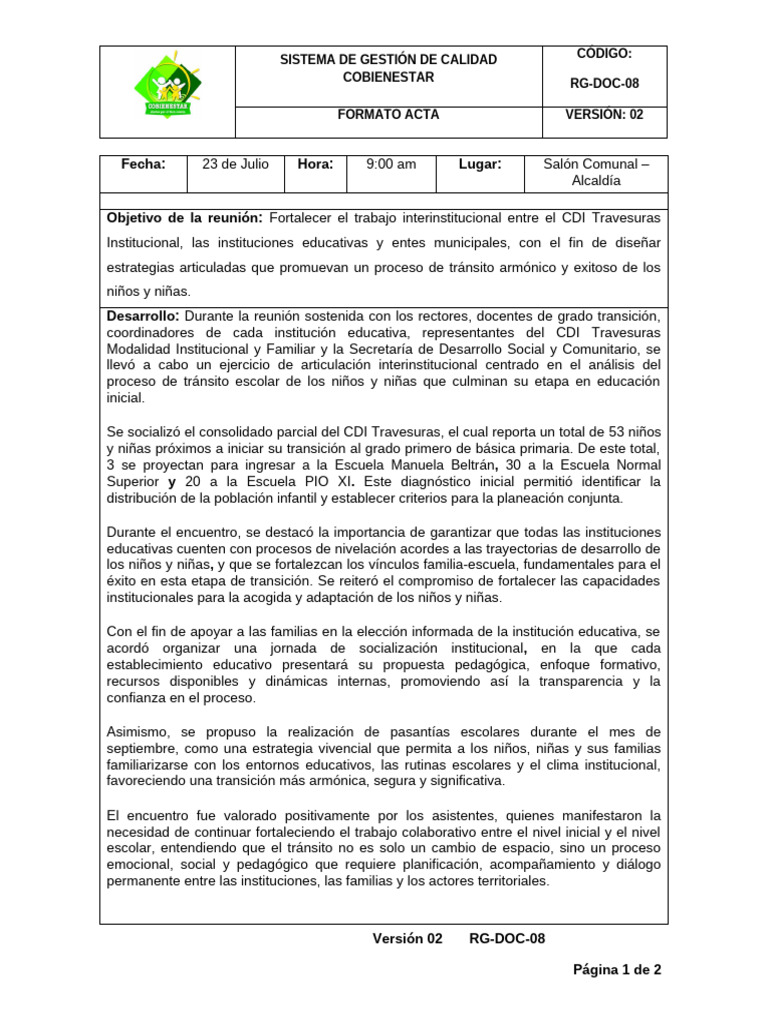 Acta Transit Armon Julio | PDF | Escuelas | Educación de la primera ...