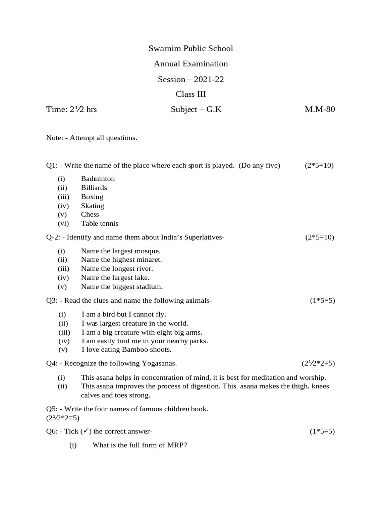 Class 3 General Knowledge Exam Paper | PDF