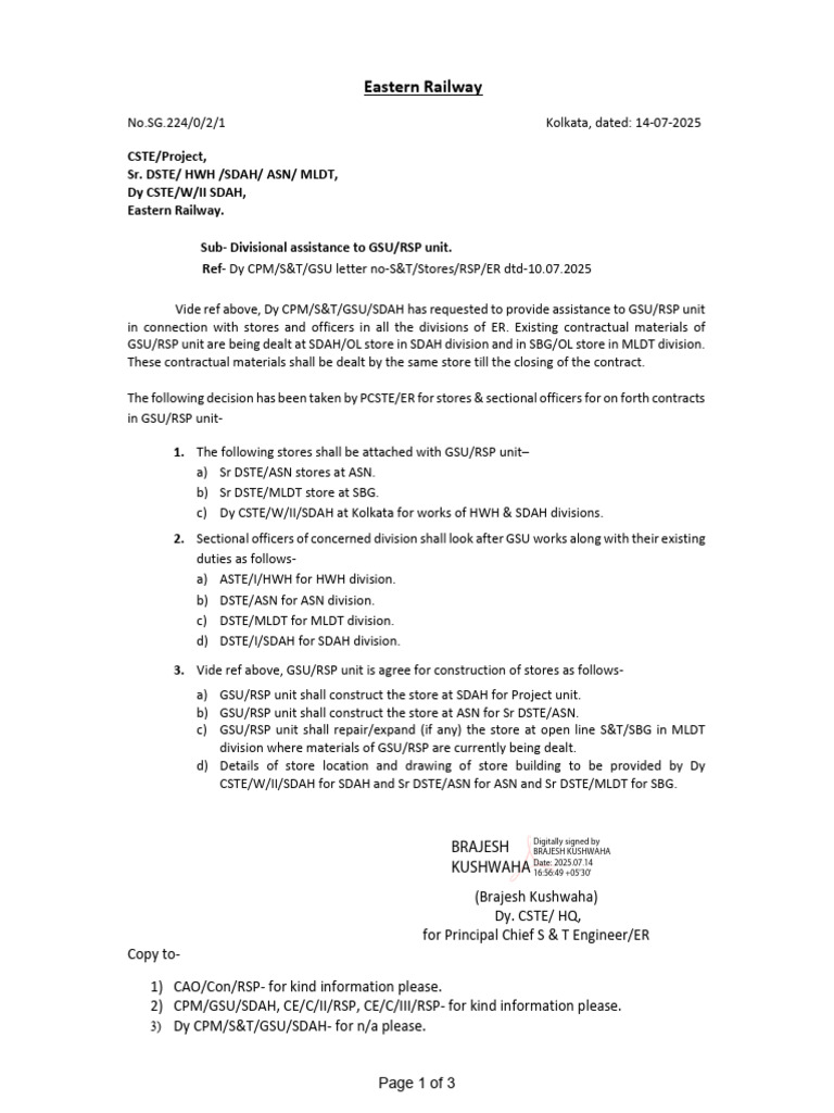 Eastern Railway GSU/RSP Unit Assistance | PDF