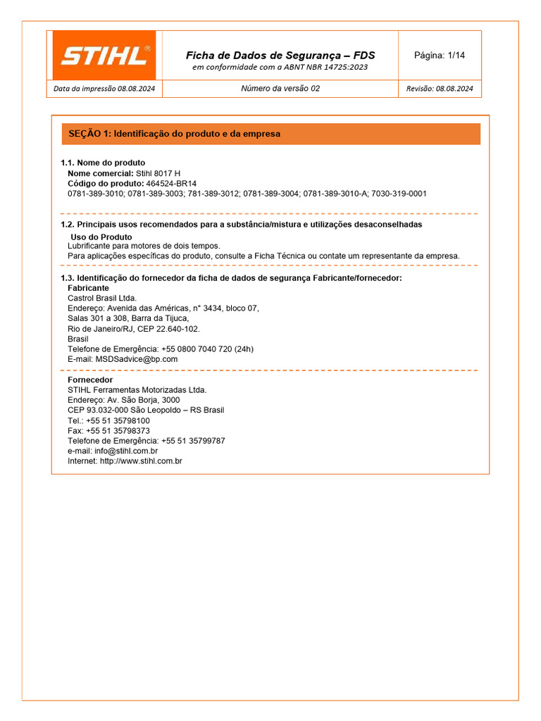 Fds - Oleo Lubrificante Stihl 8017h 100ml | PDF | Tecnologia e Engenharia