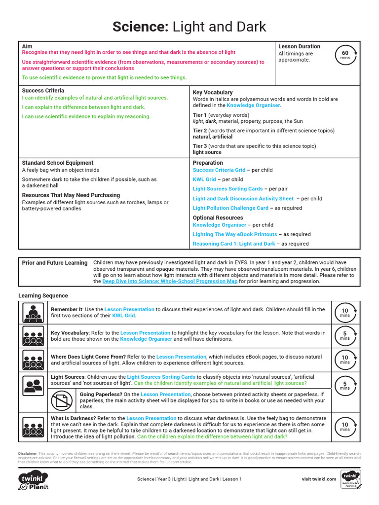 Light and Dark: Year 3 Lesson Plan | PDF | Light | Science