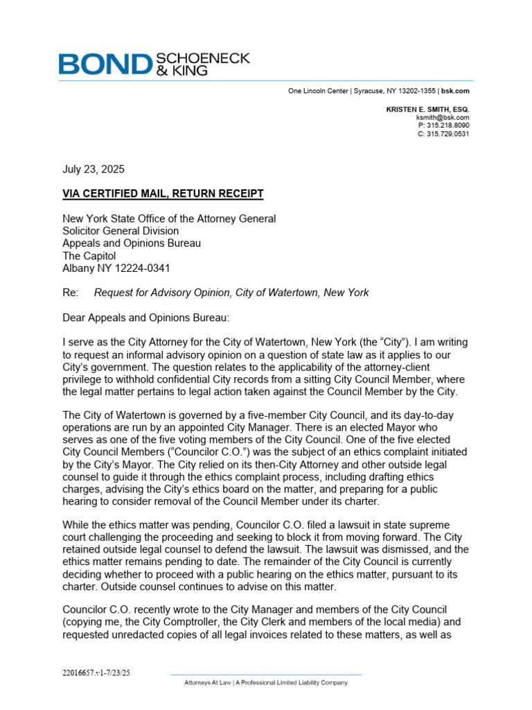 Advisory Opinion Request: Watertown Ethics | PDF | Lawsuit | Complaint