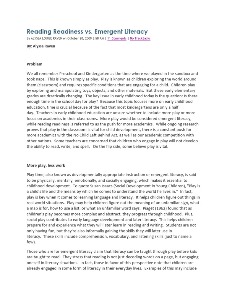 ELO 2 LEP3700 Reading Readiness Vs Emergent Literacy | PDF | Literacy ...