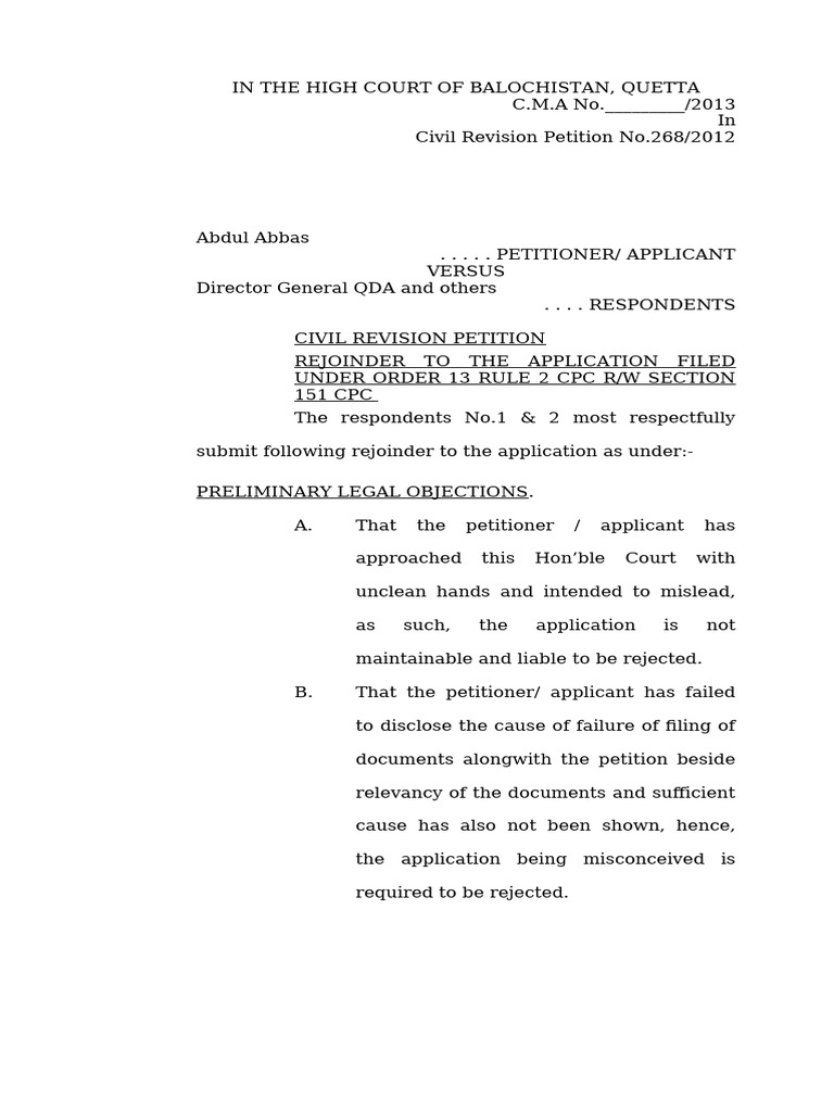 Rejoinder to Civil Revision Petition | PDF