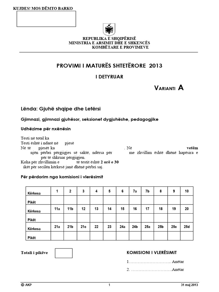 Gjuhe Letersi Gjimnazi Varianti A | PDF