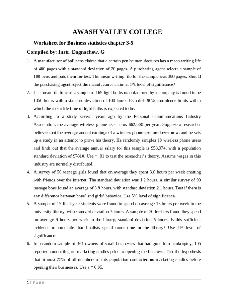 Business Statistics Hypothesis Testing Worksheet | PDF | Standard ...