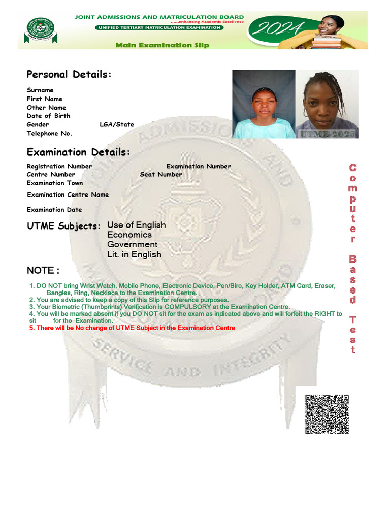 Main Examination Slip | PDF