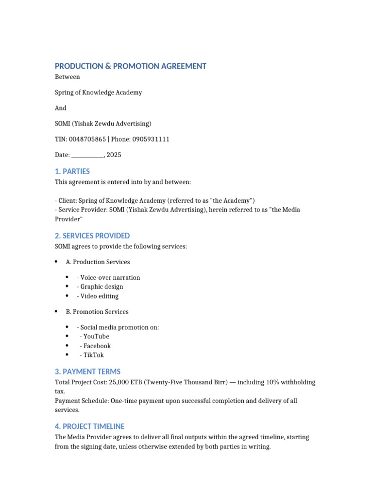 Production Promotion Agreement SOMI | PDF