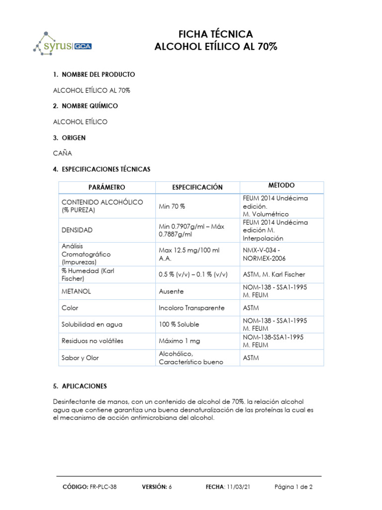 Ficha Técnica de Alcohol Etílico 70% | PDF