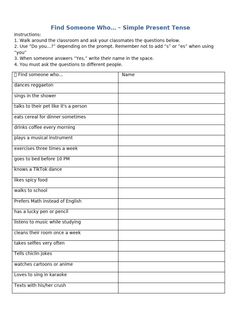 Find Someone Who: Simple Present Activity | PDF