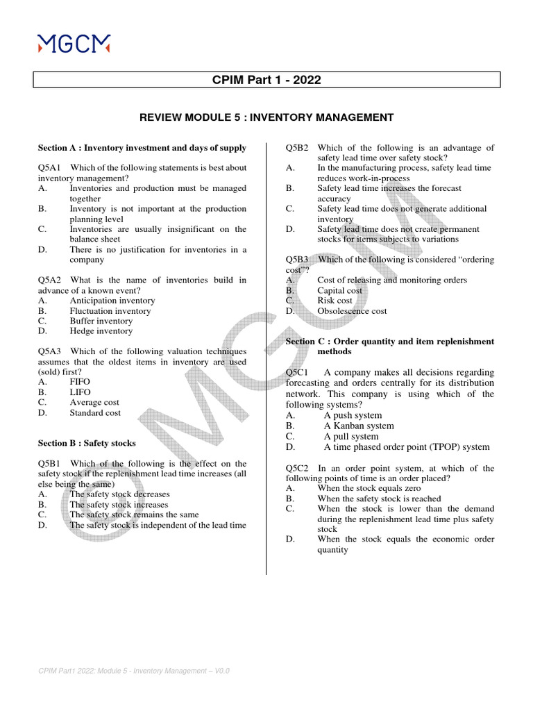 CPIM Part1 2022 - Review Module 5 - V0.0 | PDF | Inventory | Warehouse