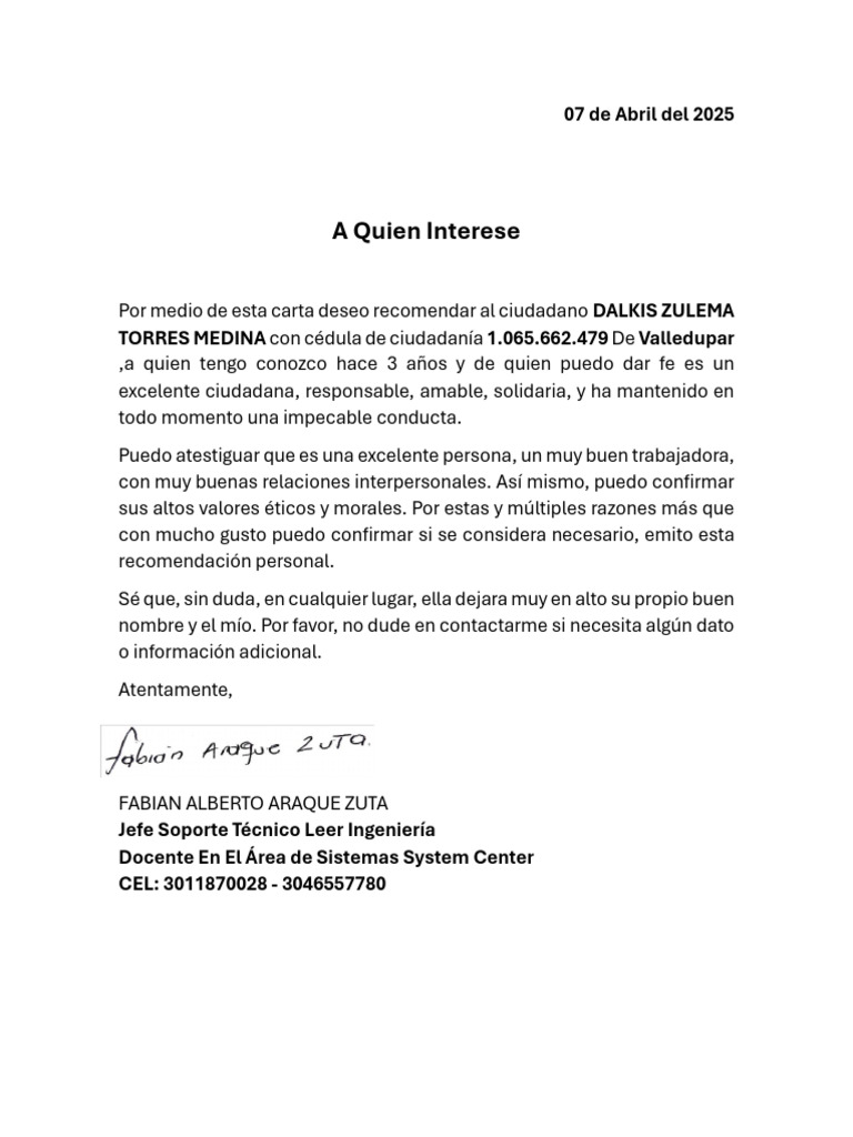 Recomendación para Dalkis Zulema Torres | PDF