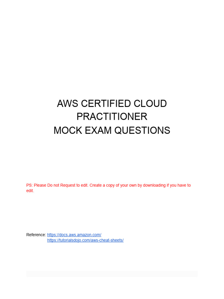 Mock Exam 1 Questions Aws Certified Cloud Practitioner | PDF | Amazon Web Services | Cloud Computing